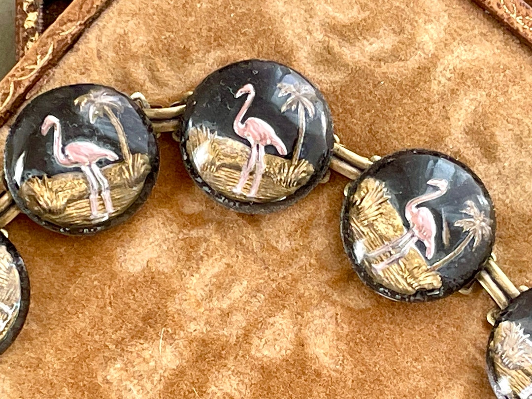 Reverse Painted Stork in Marsh Bracelet Cabochon Intaglio Vintage ...