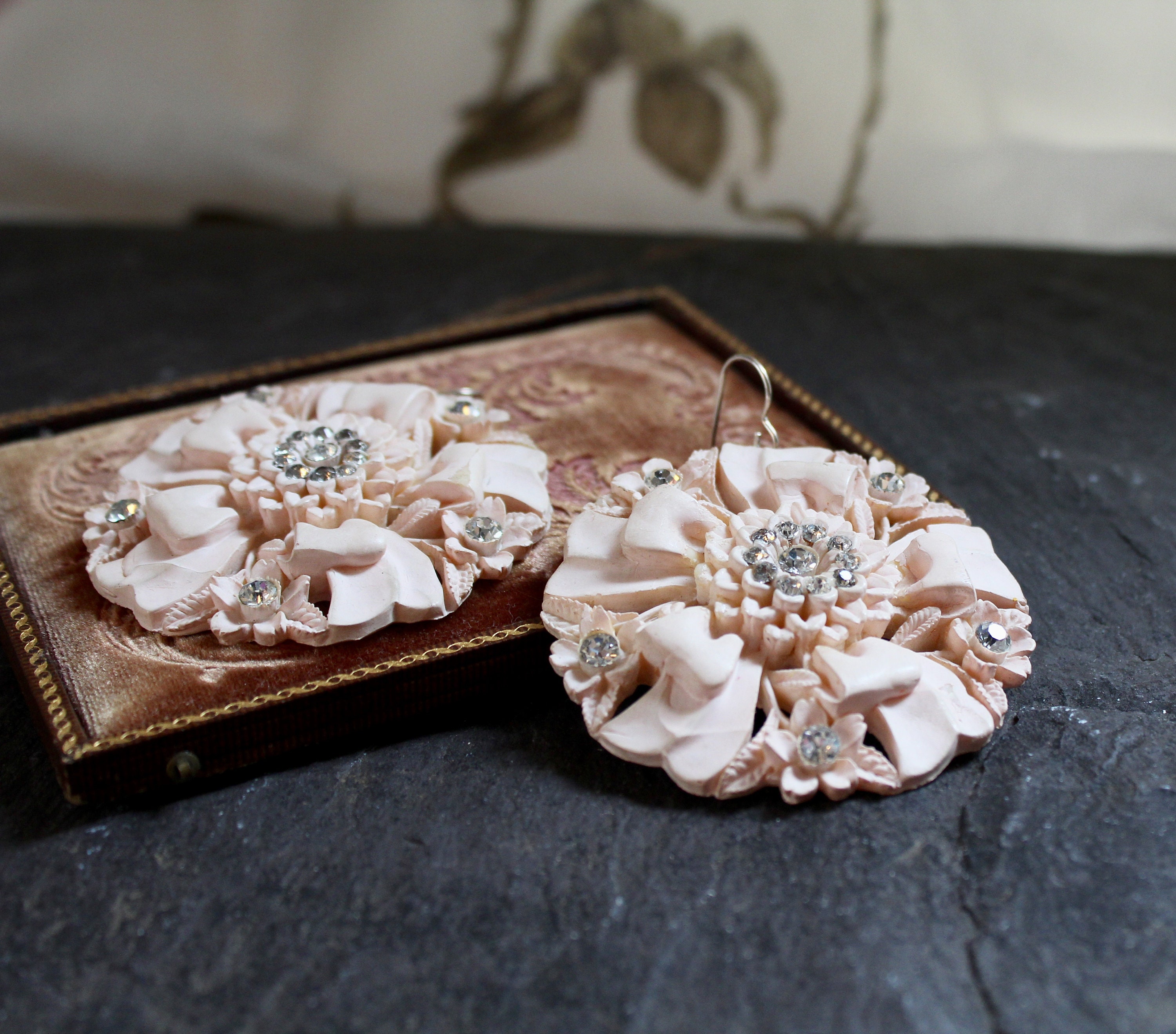 BIG!!! Celluloid and Rhinestone Earrings Vintage Antique Vintage - Etsy