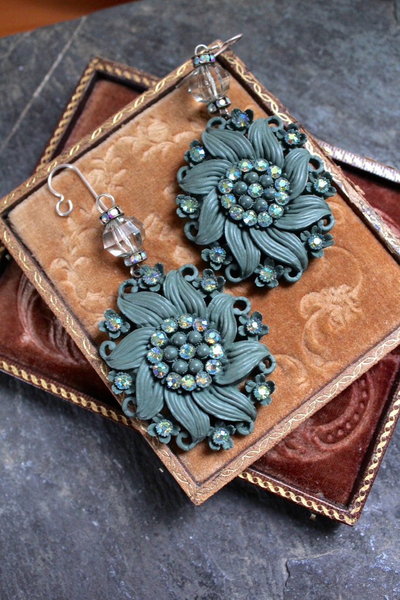 Rich gray green flower celluloid rhinestone earrings statement | Etsy