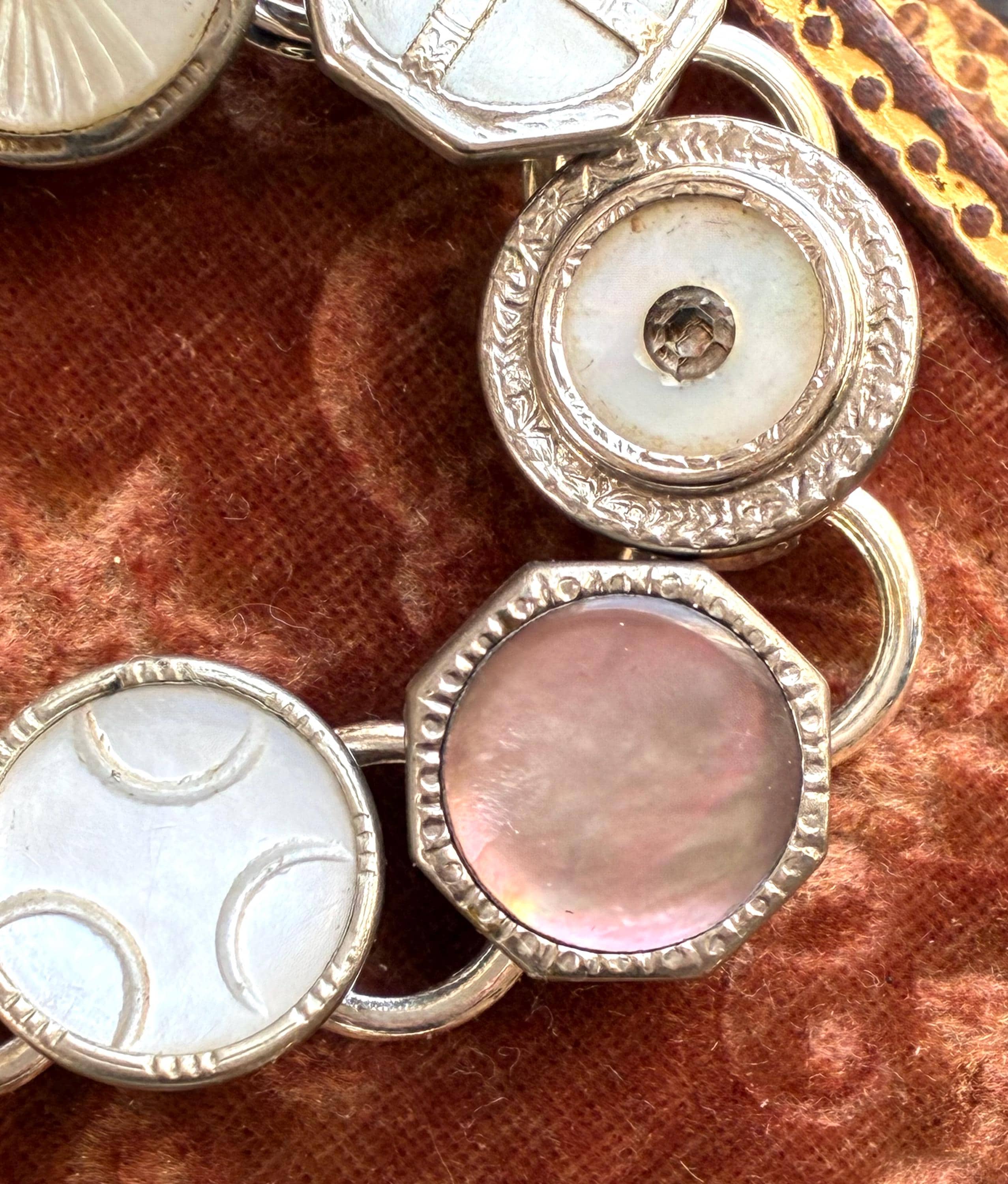 Antique Cufflink Bracelet Engraved Rims Carved Mother of Pearl Silver ...