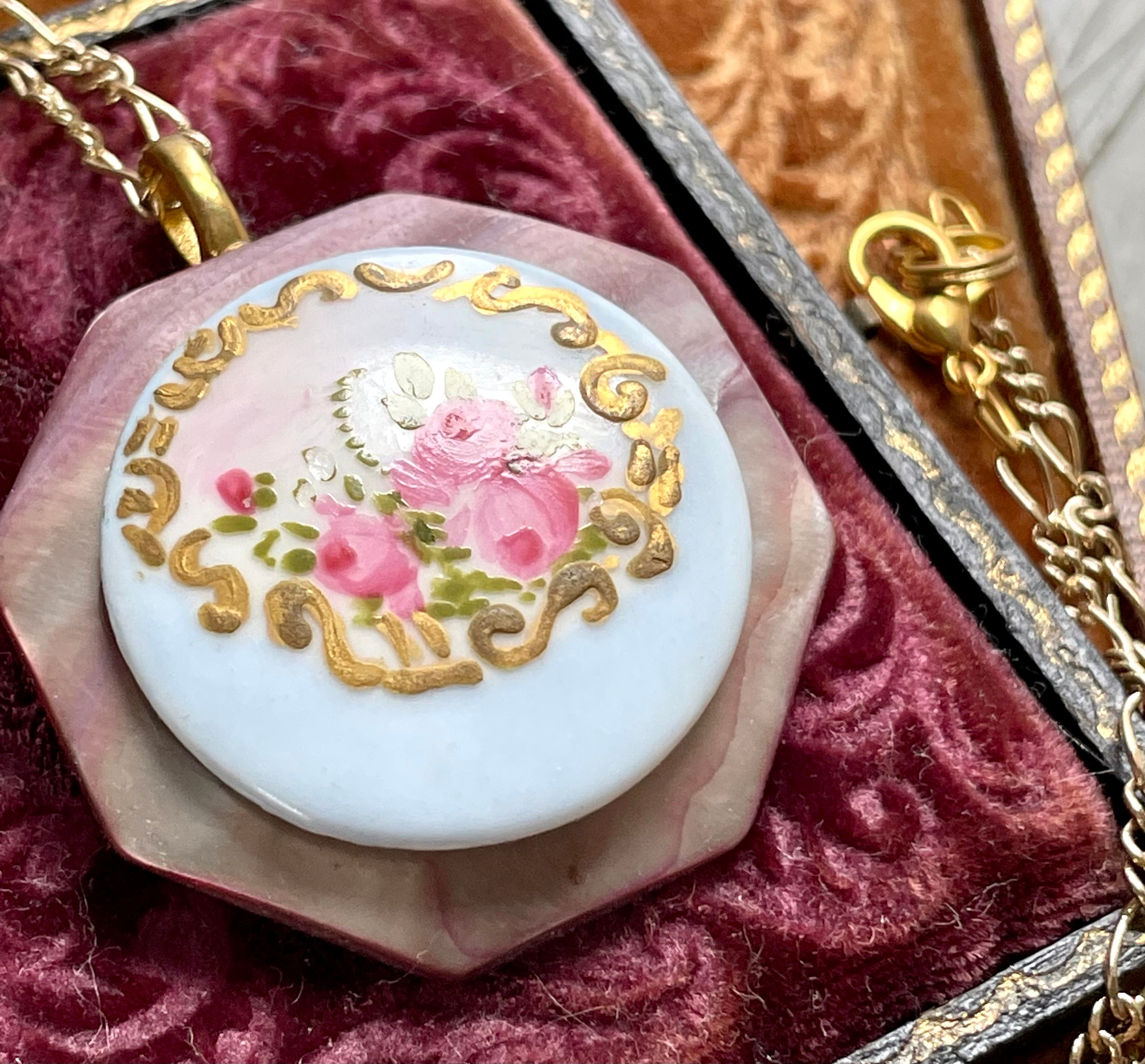 Antique Porcelain Hand Painted China Button Pendant Necklace Gilt ...