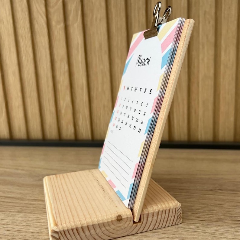 2026 Wooden Desk Calendar – Natural Wood Base With Clipboard & Metal ...