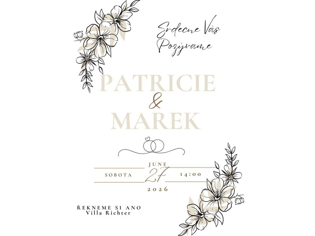 Custom Czech Floral Wedding Invitation, Elegant Cream Beige (digital ...