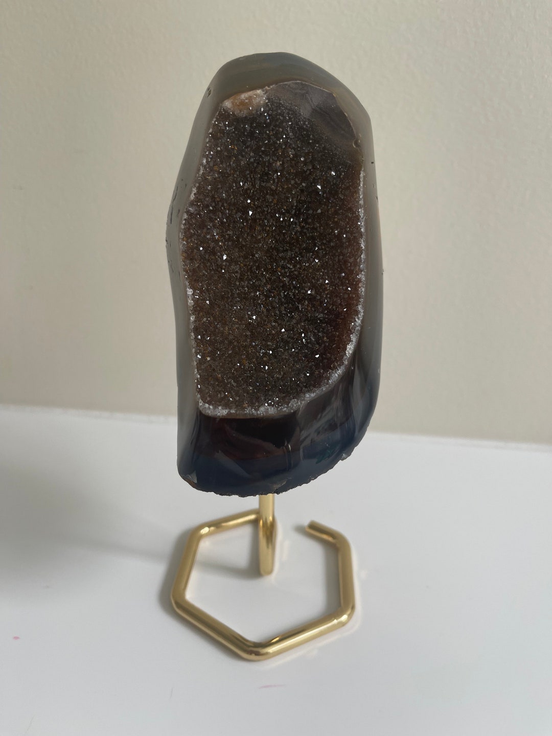 Natural Chocolate Agate Geode on Gold Stand - Etsy