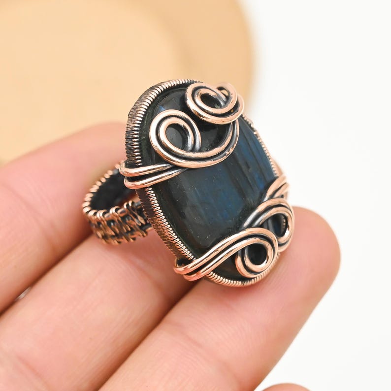 Blue Labradorite Oval Copper Wire Wrapped Ring – Handmade Artisan ...