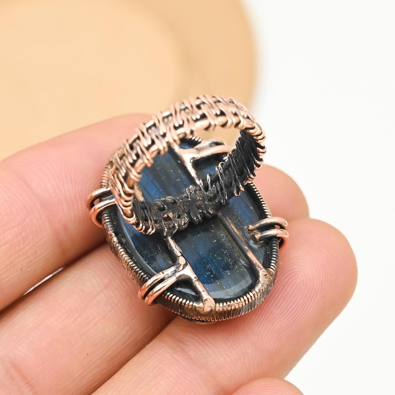 Blue Labradorite Oval Copper Wire Wrapped Ring – Handmade Artisan ...