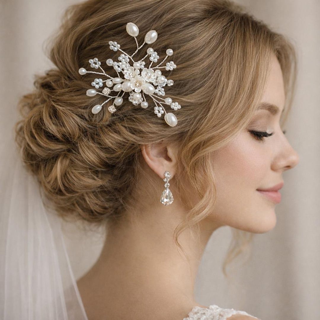 Pearl Crystal Bridal Hair Pin, Floral Wedding Headpiece, Silver ...