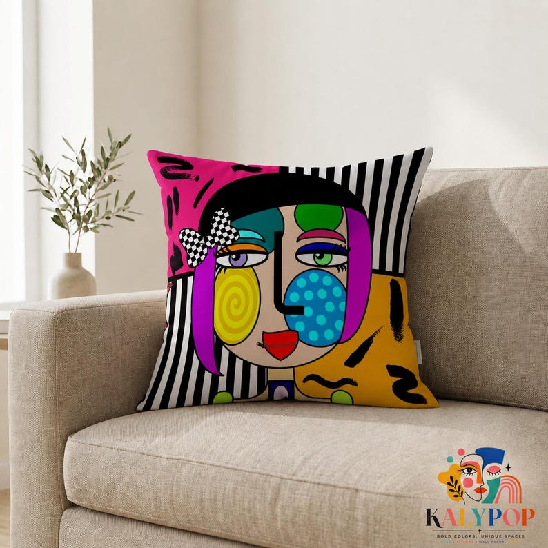 Colorful Cubist Pop Art Pillow Cover, Abstract Geometric Woman Cushion ...