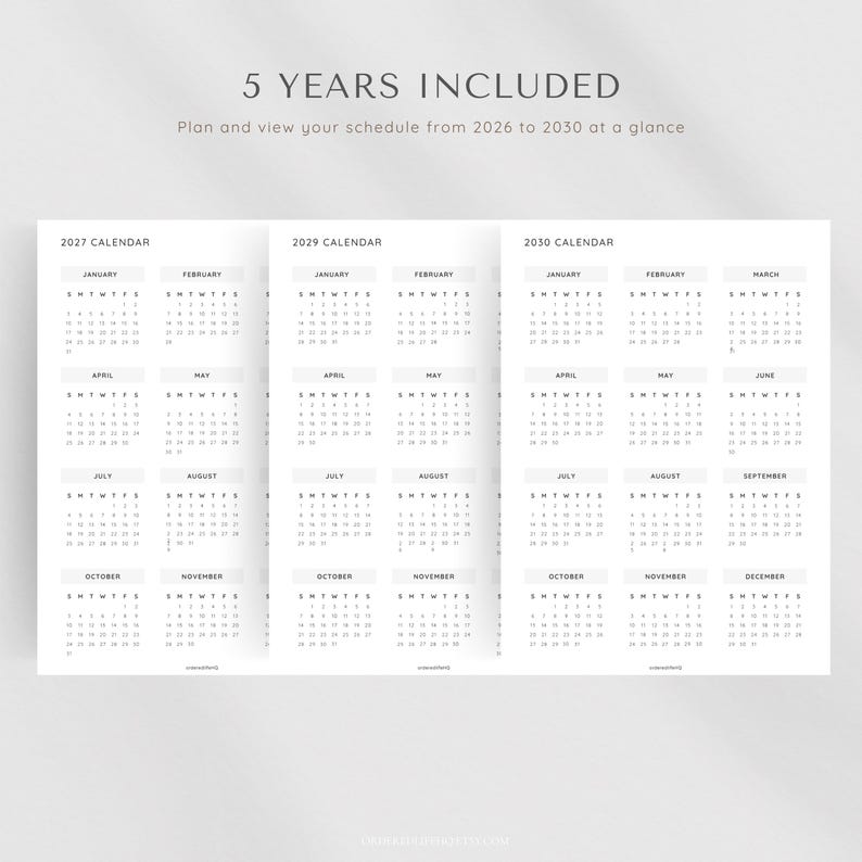 2026–2030 Calendar Printable, 5 Year Calendar, Yearly Overview Planner ...
