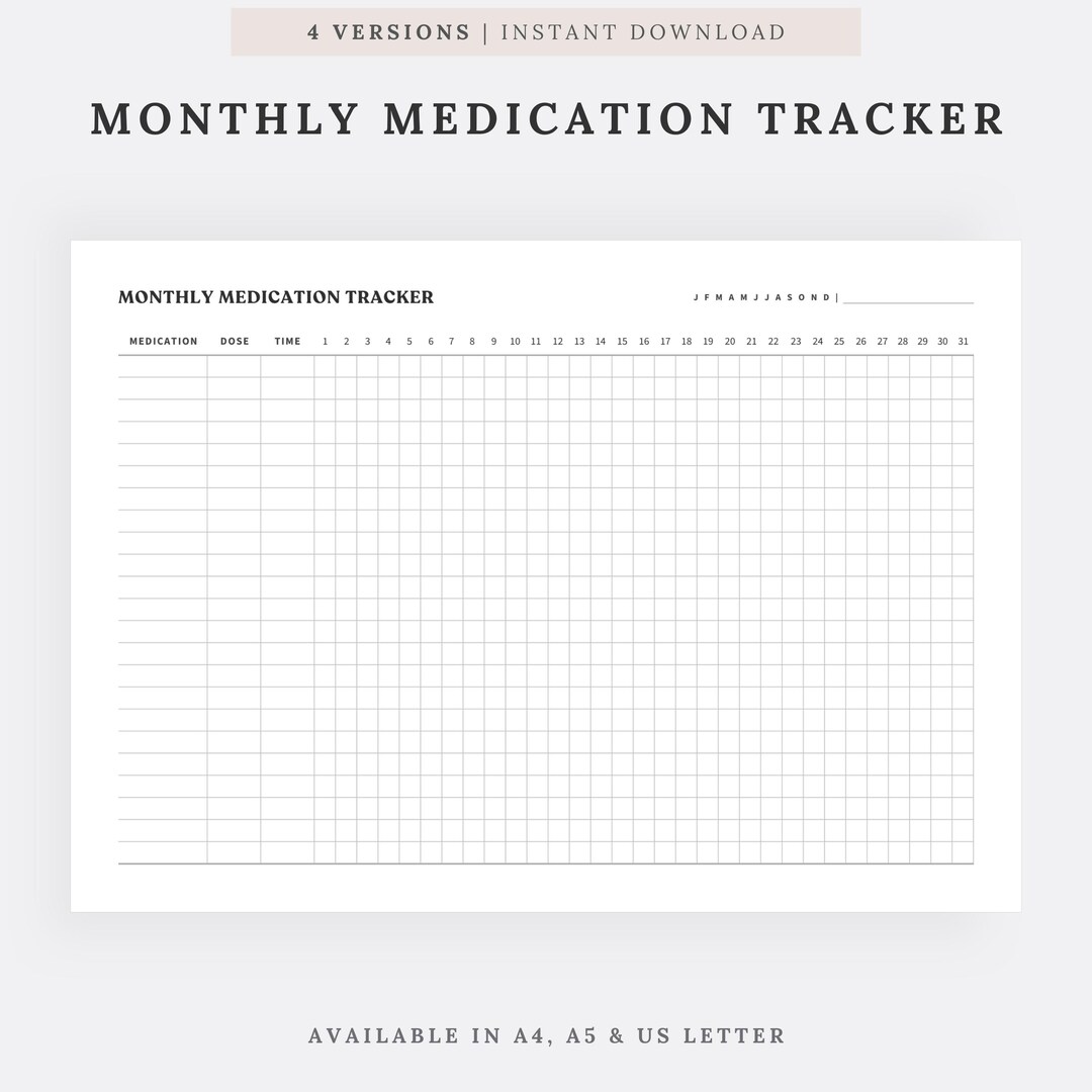 Monthly Medication Tracker Printable, Medicine Log (A4/A5/US Letter ...