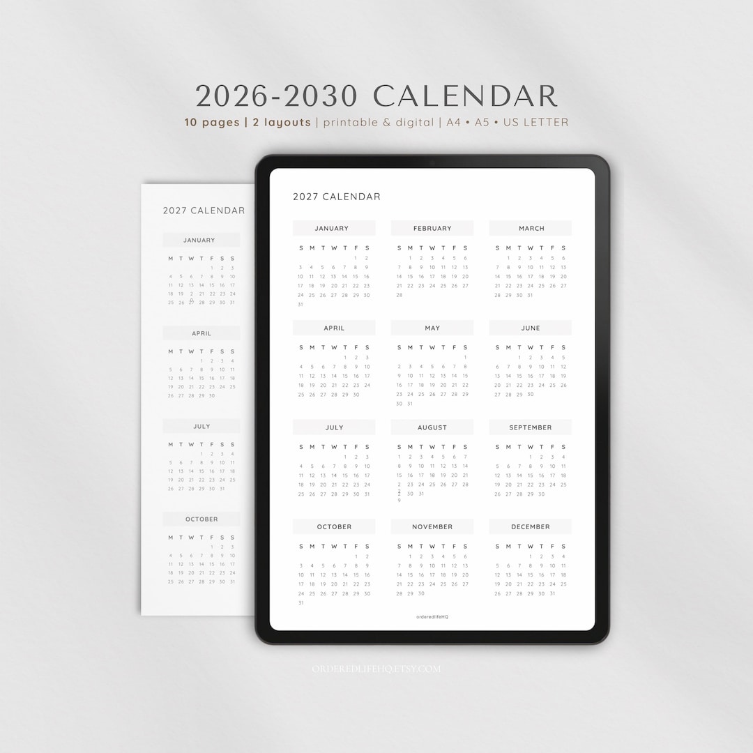 2026–2030 Calendar Printable, 5 Year Calendar, Yearly Overview Planner ...