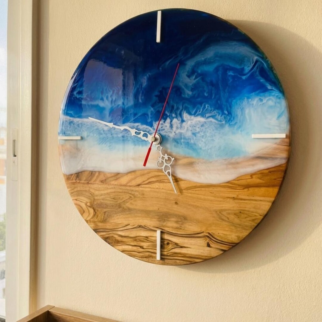 Olive Wood Ocean Wave Clock | Epoxy Resin Beach Decor | Personalized ...