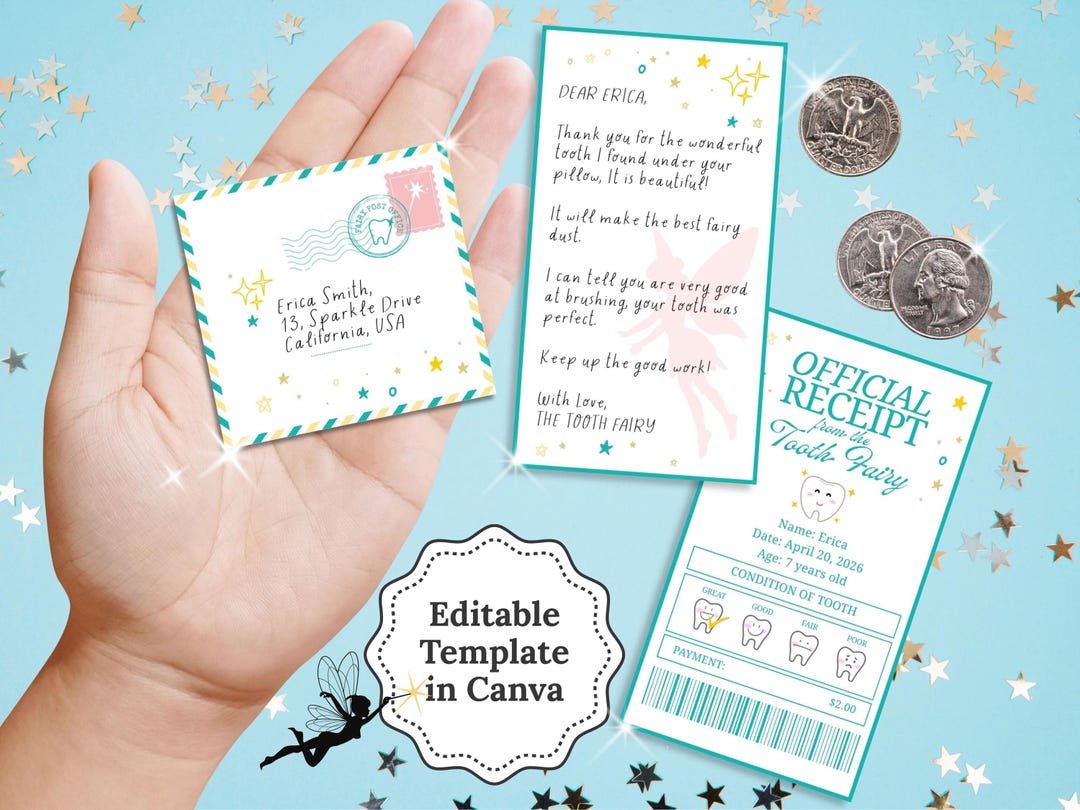 Tiny Tooth Fairy Letter, Envelope and Receipt, Turquoise Set, Editable ...