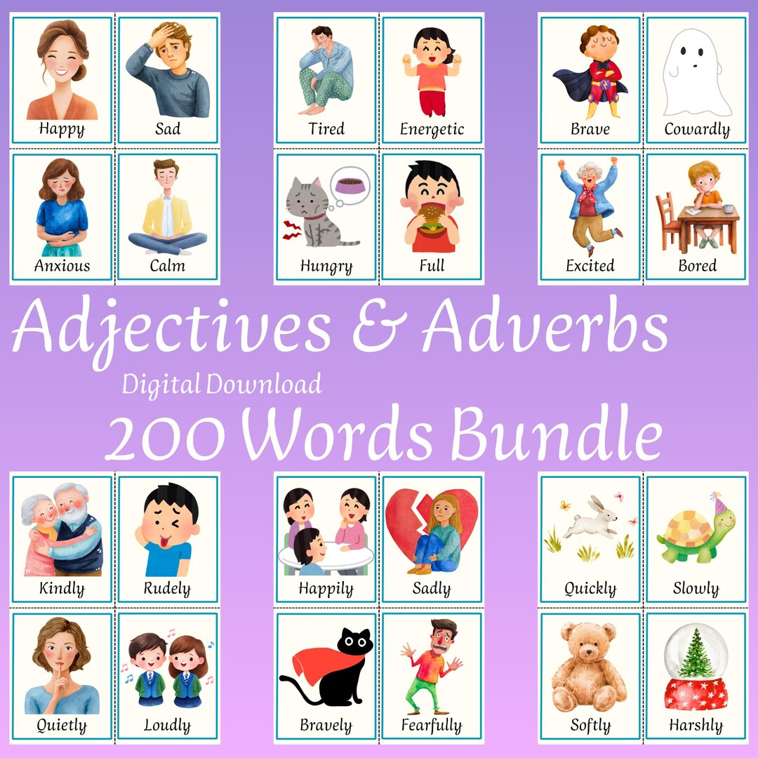 Adjectives and Adverbs Flashcards Bundle, Printable Grammar Cards for ...