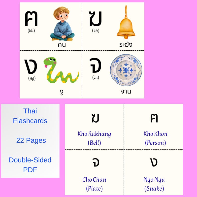 Thai Alphabet Flashcards Printable, Thai Script Learning Cards ...