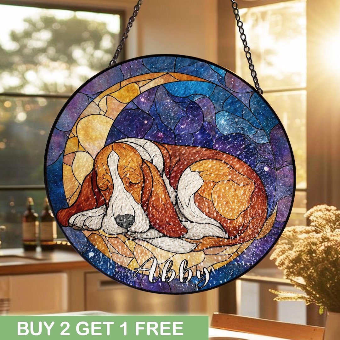 Personalized Beagle Stained Glass Dog Art, Sleeping Pet Memorial Sun ...