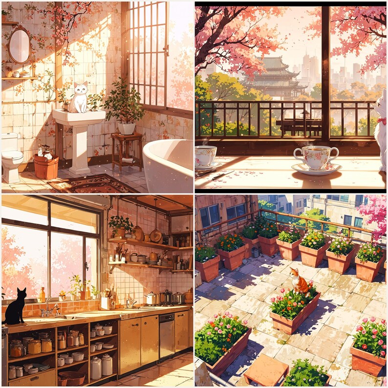 Sakura Cat Cafe Anime Desktop Wallpapers | Cozy Spring Bundle (digital ...