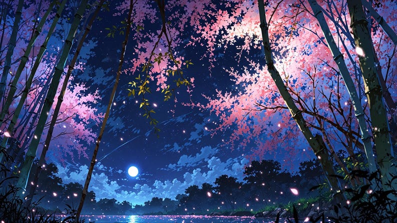 Bamboo Moon Anime Desktop Wallpapers | Moonlit Grove Bundle (digital ...