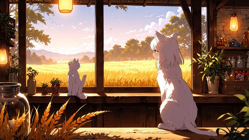 Anime Wheat Field Desktop Wallpaper | Lantern Girl, Golden Sunset (4K ...