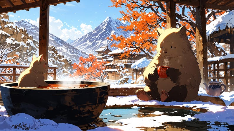 Winter Onsen Snow Monkeys Anime Wallpaper Pack | 4K Desktop Art ...