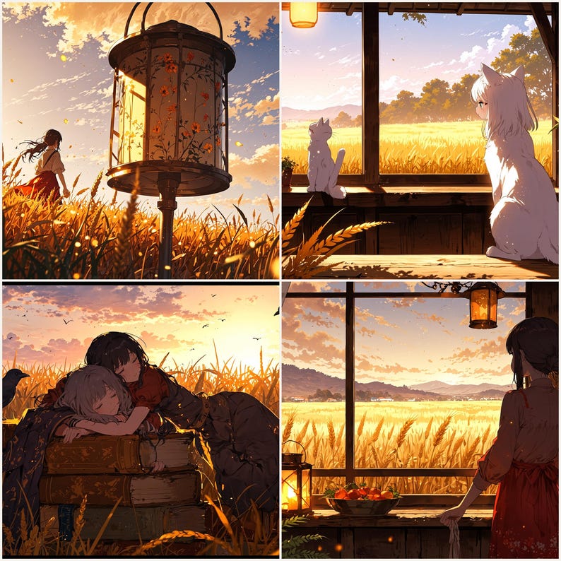 Anime Wheat Field Desktop Wallpaper | Lantern Girl, Golden Sunset (4K ...