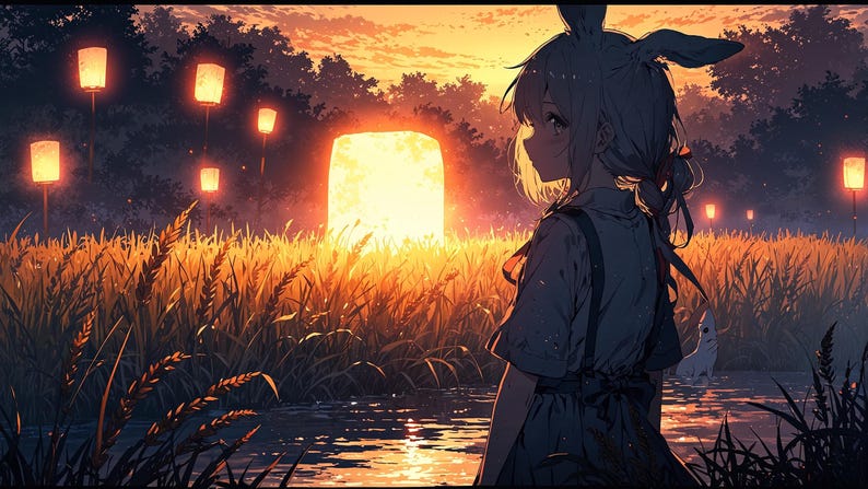 Anime Wheat Field Desktop Wallpaper | Lantern Girl, Golden Sunset (4K ...