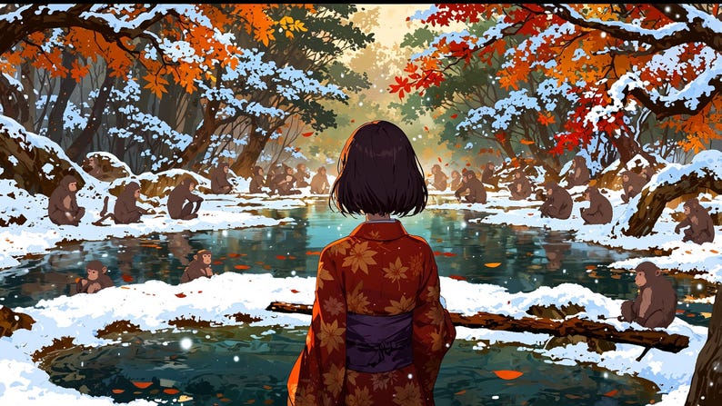 Winter Onsen Snow Monkeys Anime Wallpaper Pack | 4K Desktop Art ...