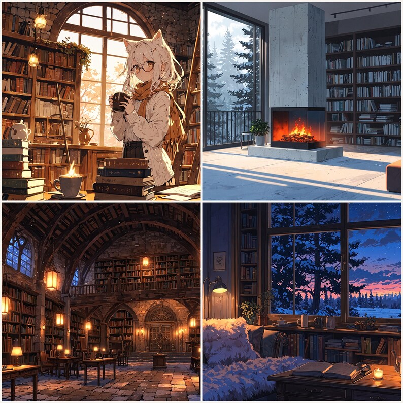Cozy Winter Library Desktop Wallpapers | Warm Academia Bundle (digital ...