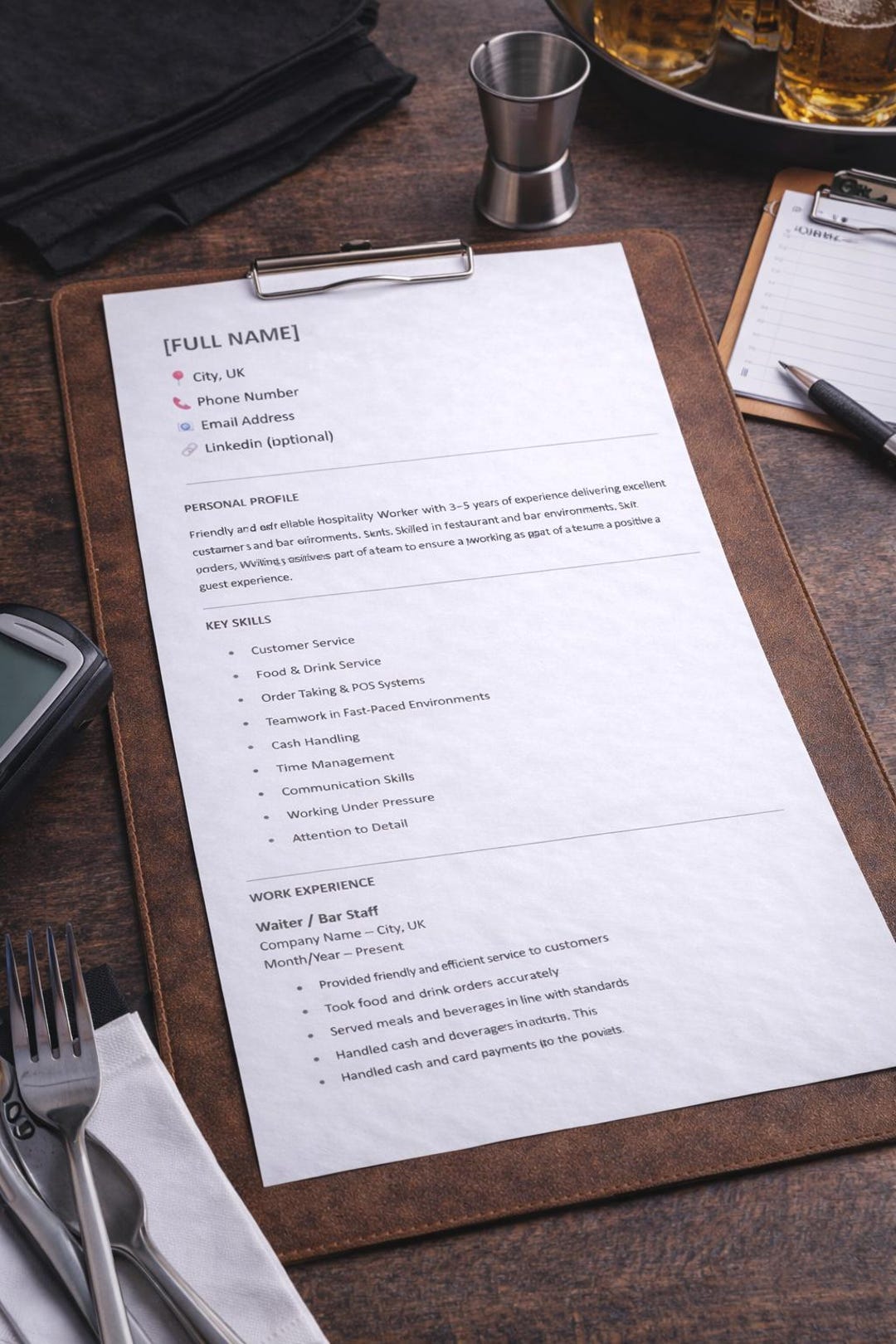 UK Hospitality CV Template | Waiter, Bar Staff Resume (word & Google ...