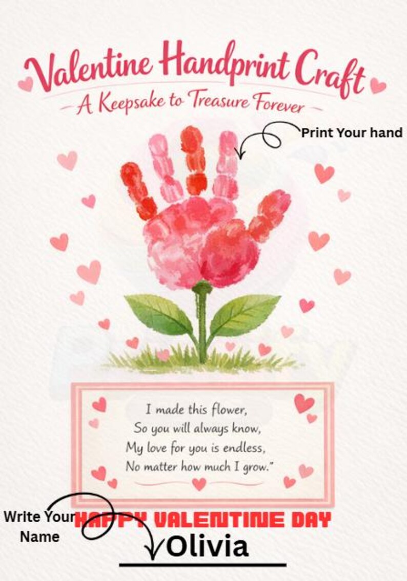 Valentine Handprint Craft for Kids, Flower Poem Keepsake, Printable ...