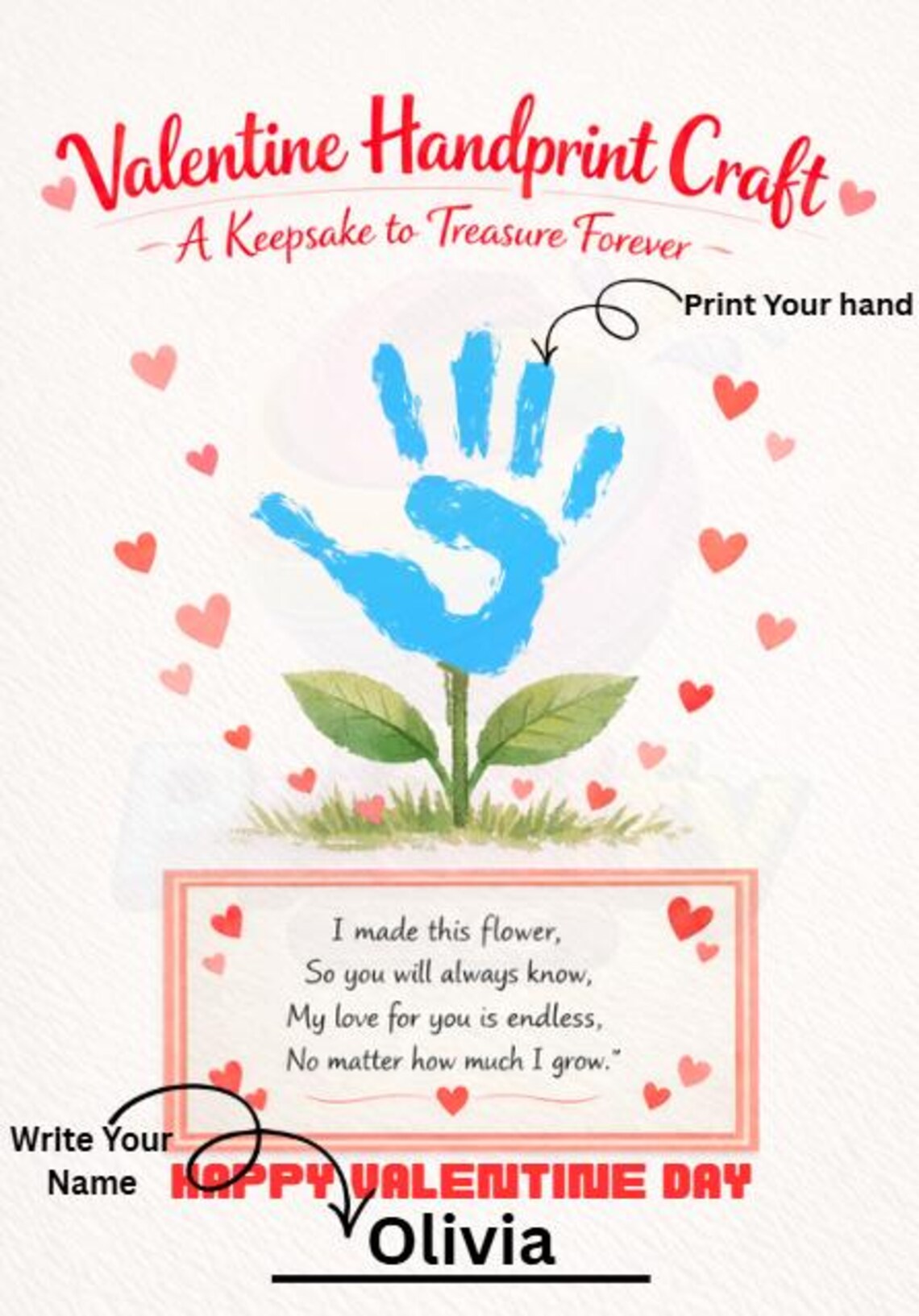 Valentine Handprint Craft for Kids, Flower Poem Keepsake, Printable ...