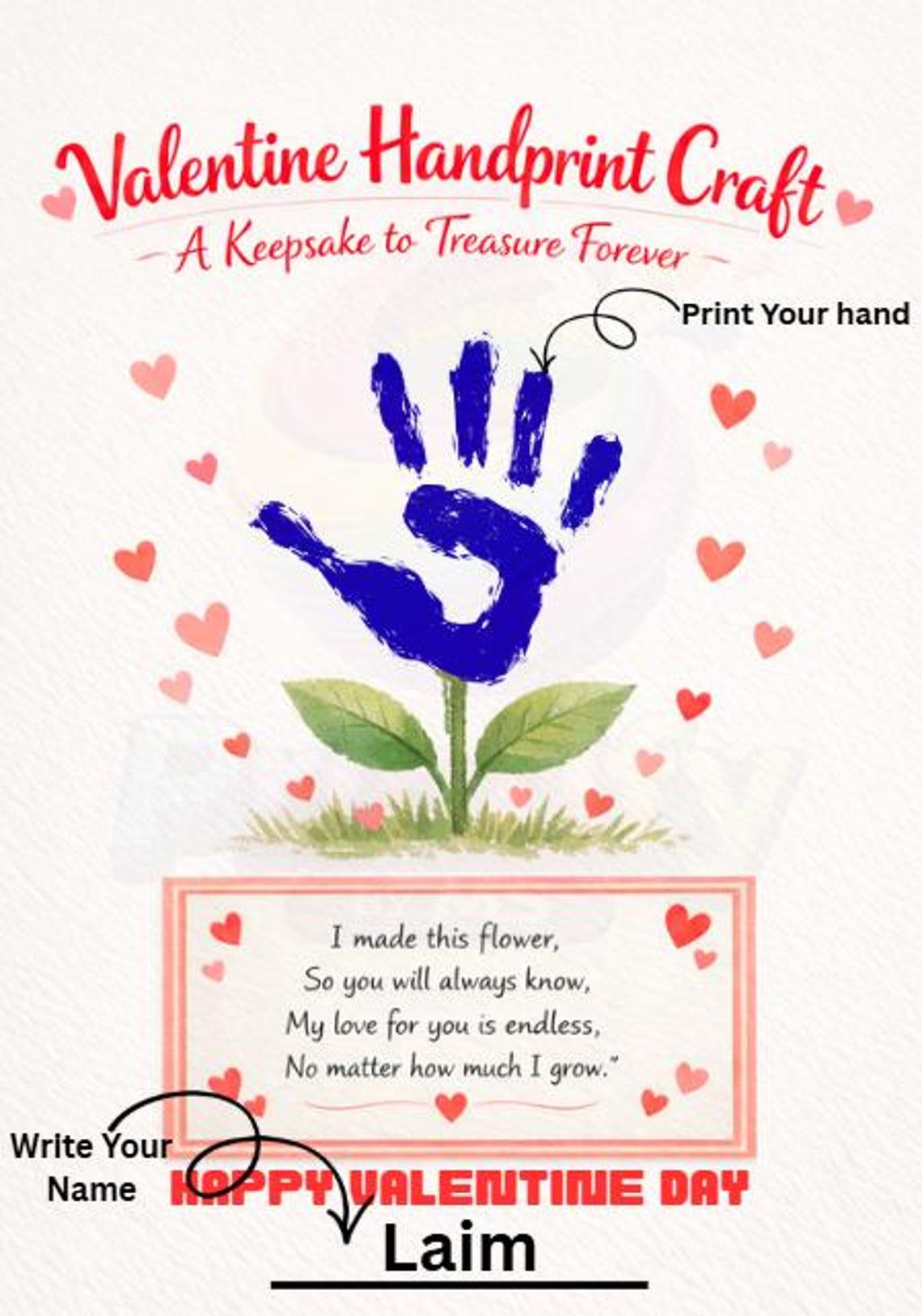 Valentine Handprint Craft for Kids, Flower Poem Keepsake, Printable ...