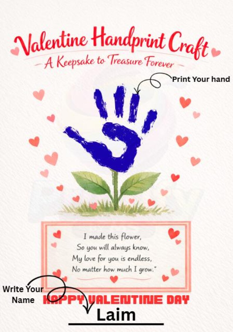 Valentine Handprint Craft for Kids, Flower Poem Keepsake, Printable ...