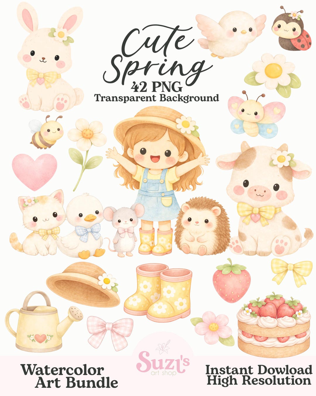 Cute Spring Watercolor Clipart Bundle PNG, Spring Animal Clipart, Frog ...