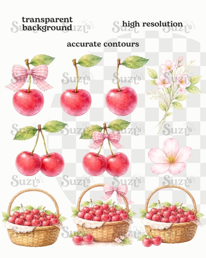 Sweet Cherry Watercolor Clipart, Watercolor Cherry Bow PNG, Numbers ...
