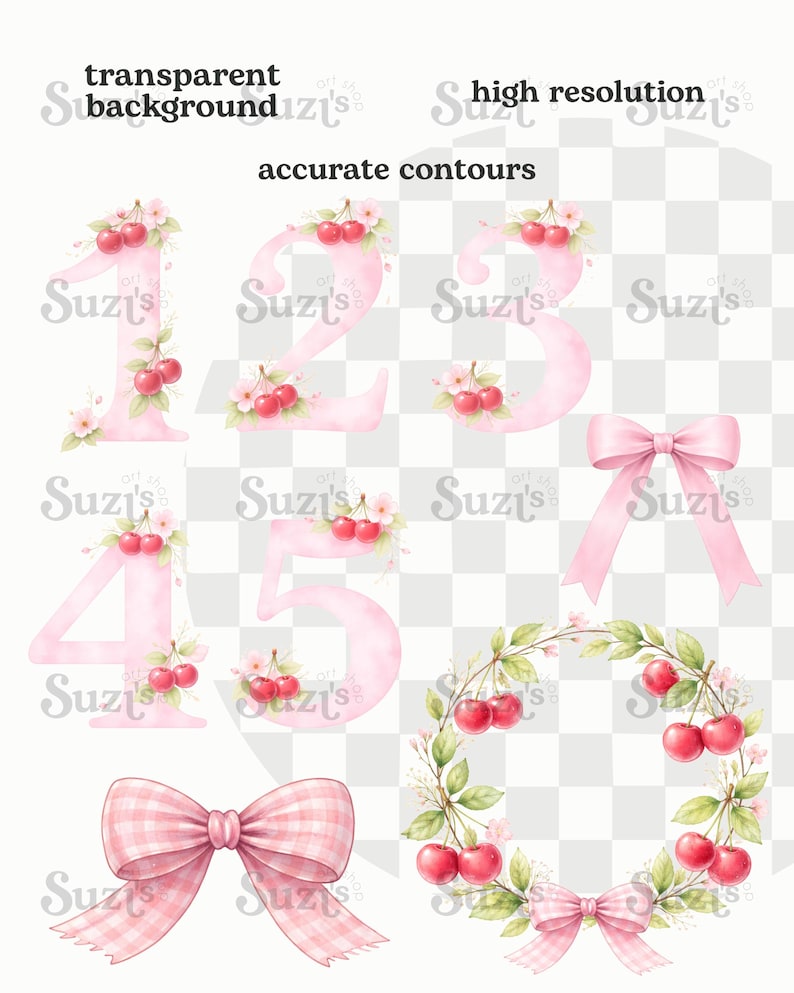 Sweet Cherry Watercolor Clipart, Watercolor Cherry Bow PNG, Numbers ...