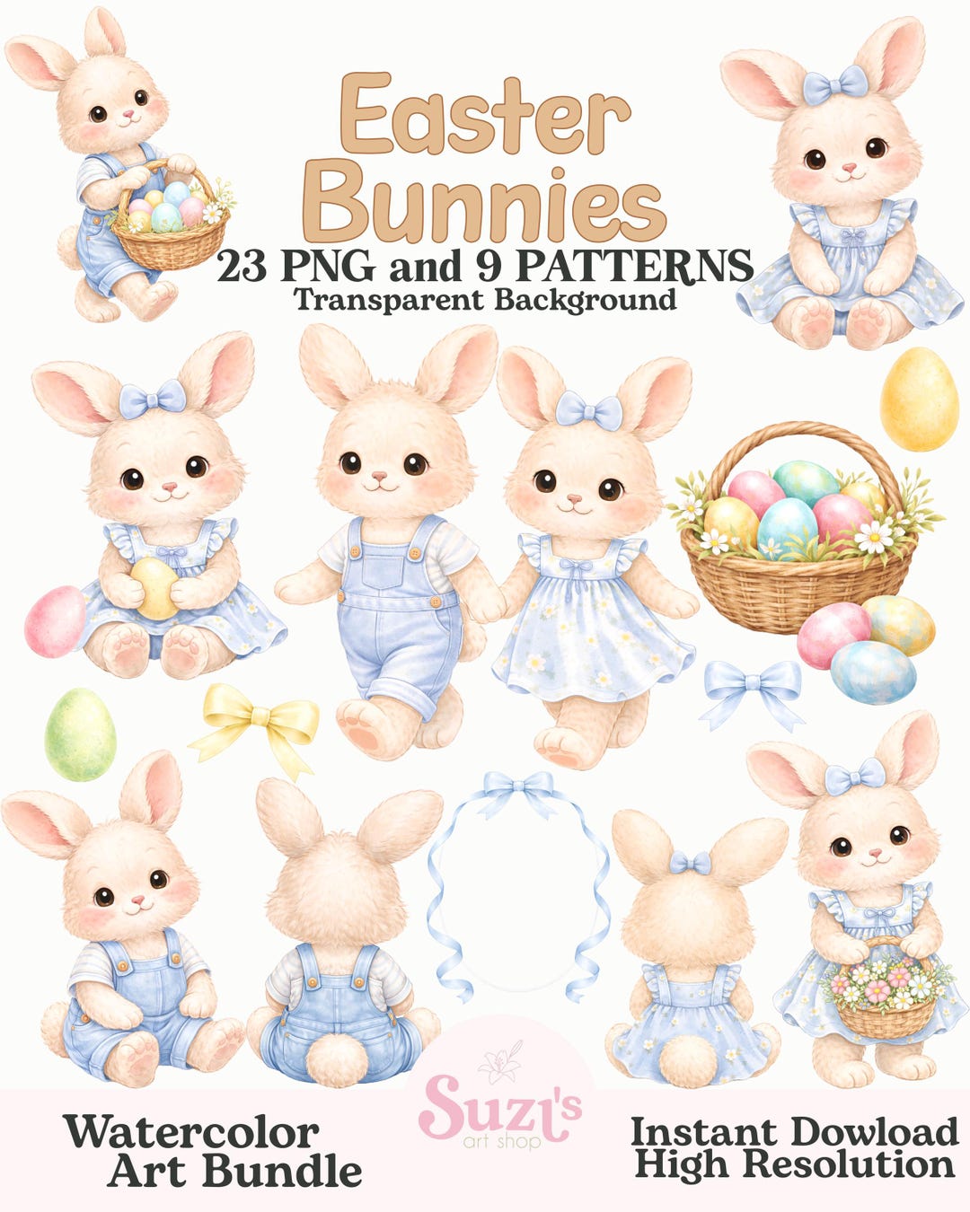 Easter Bunnies Clipart Bundle PNG - Bunnies Illustration - Easter Art ...