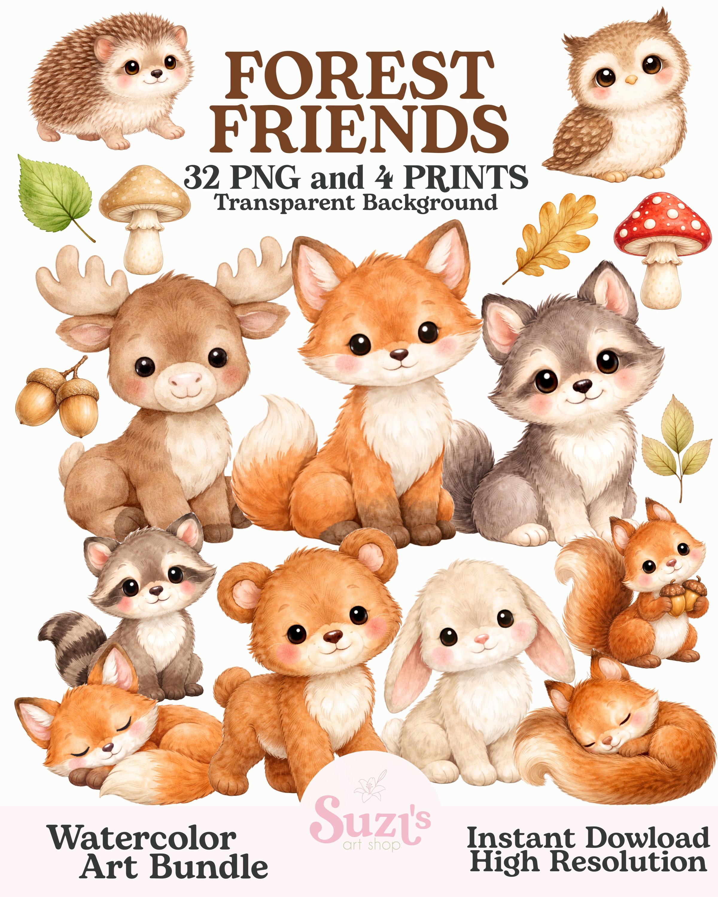 Woodland Animals Watercolor Clipart, Images of Forest Animals, Cute ...