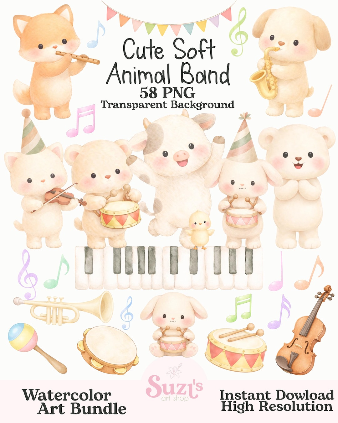 Cute Soft Animal Band Clipart Bundle PNG, Watercolor Animals Clipart ...