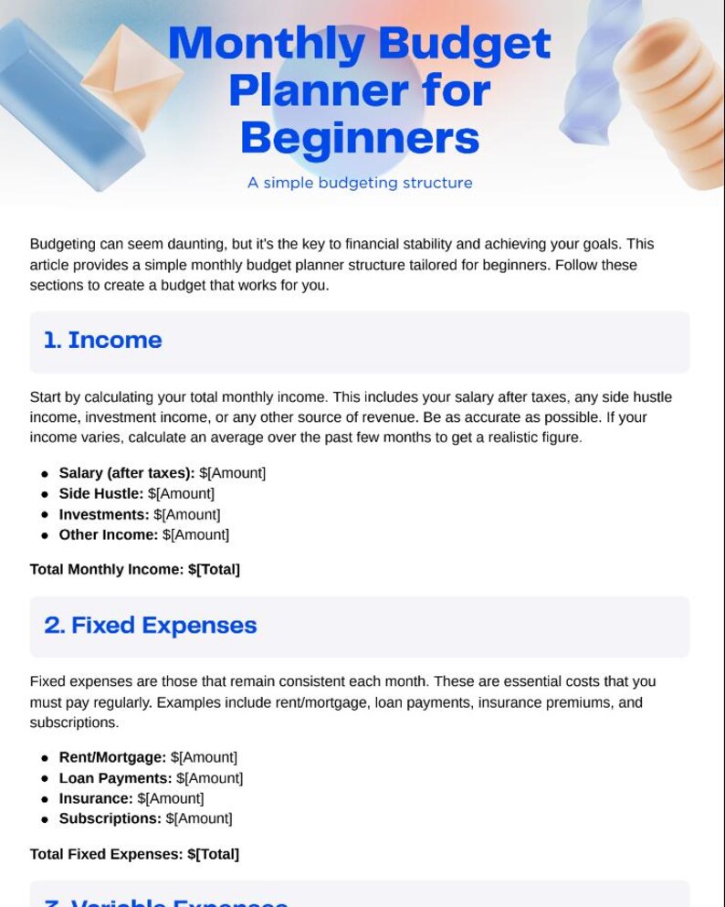 Monthly Budget Planner for Beginners | Printable Budget Planner ...