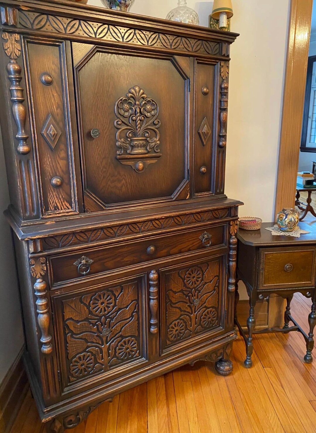 Antique Jacobean Revival Oak Bar Cabinet, Ornate Hand-carved Tudor ...