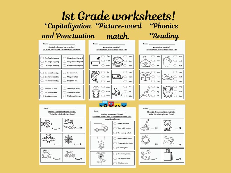 First Grade Worksheets. Reading, Picture-word Match, Phonics ...