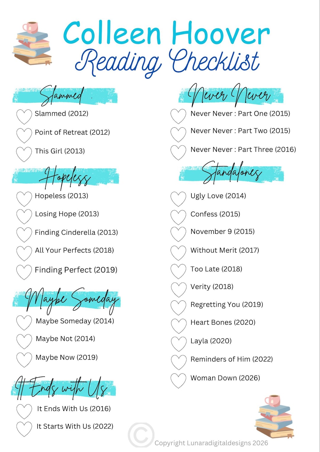 Colleen Hoover Reading Checklist & Tracker (digital Download) - Etsy Canada