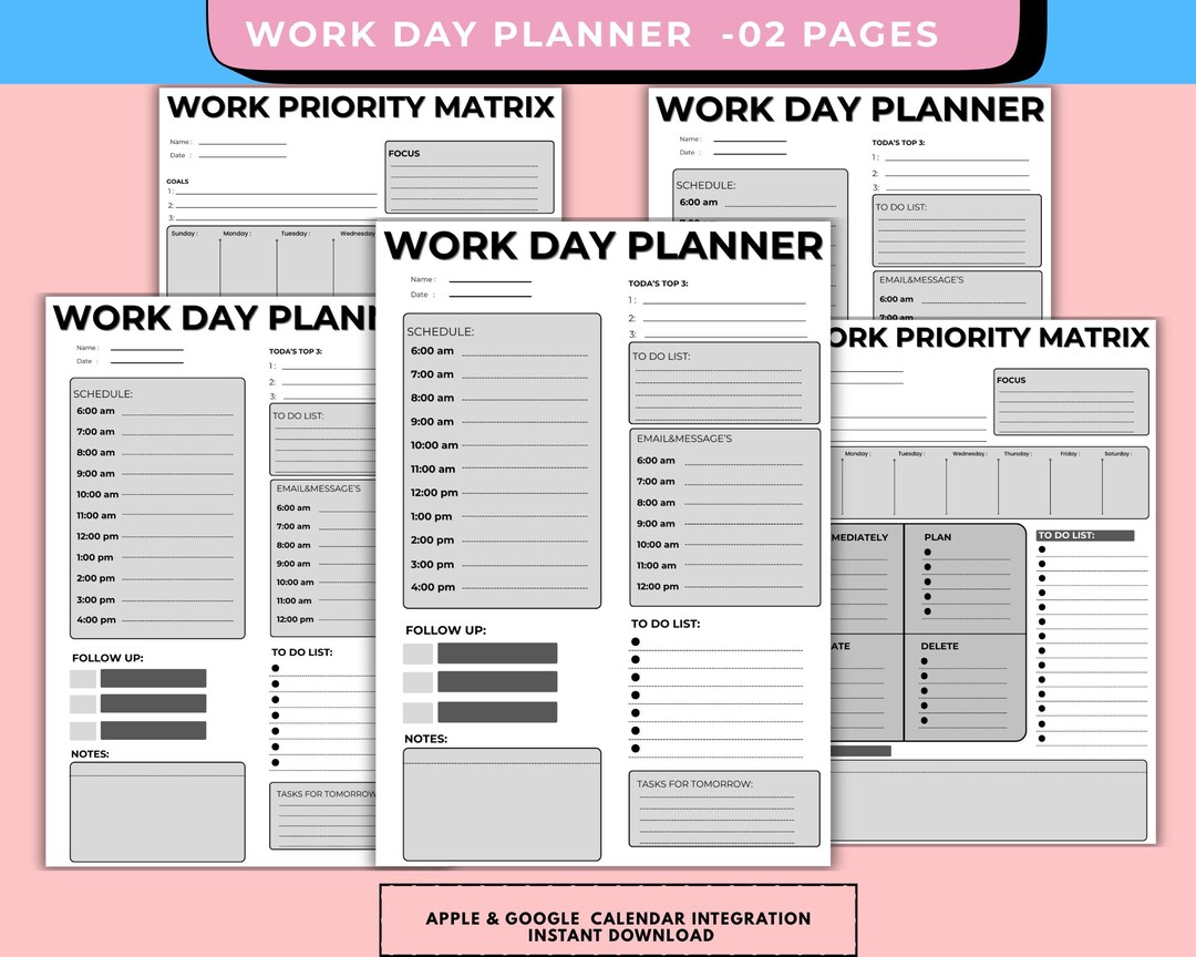 Work Day Planner Printable | Daily Work Planner & Productivity Planner ...