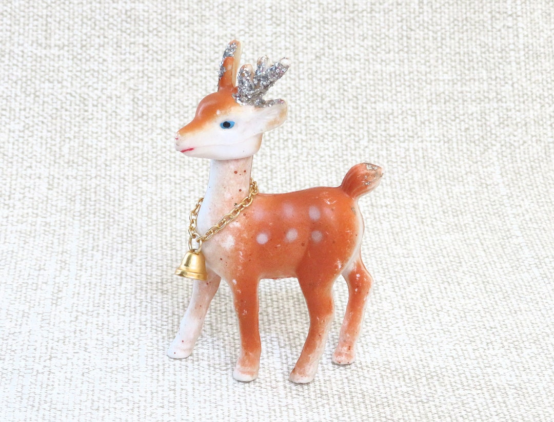 Vintage Small Rubber Deer Figurine With Bell Collar and Silver Glitter ...