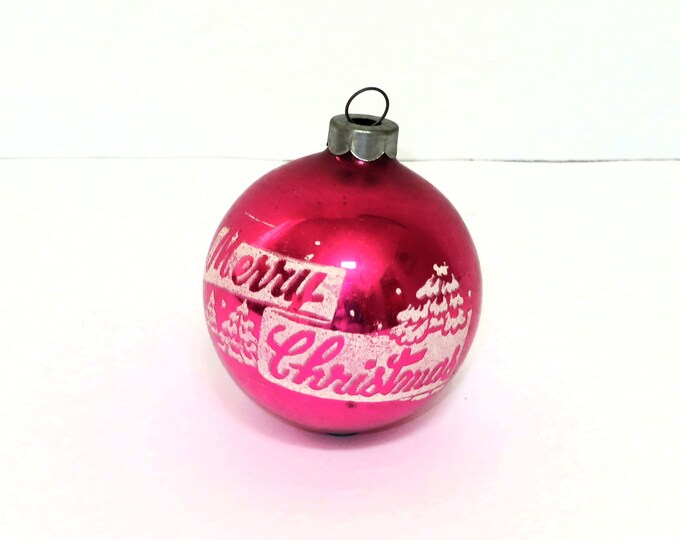 Vintage Glass Ornament Shiny Brite Red With White Stenciling Merry