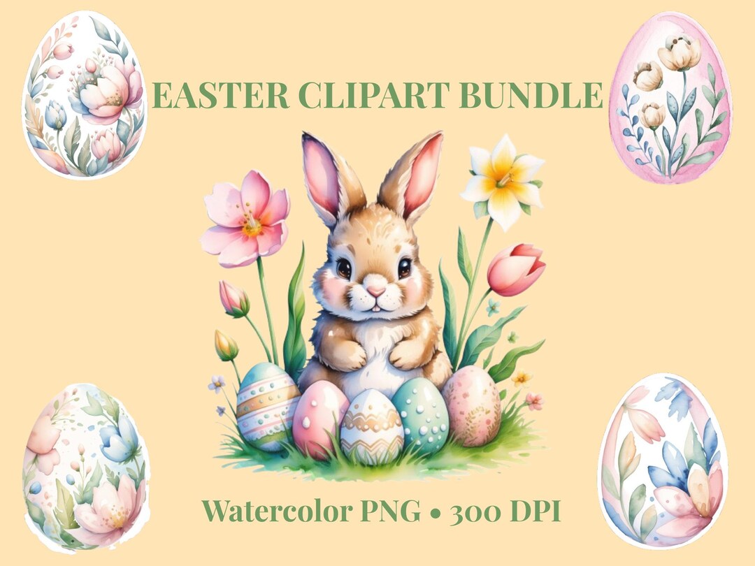 Easter Bunny Clipart Bundle, Watercolor Easter PNG, Cute Bunny & Eggs ...