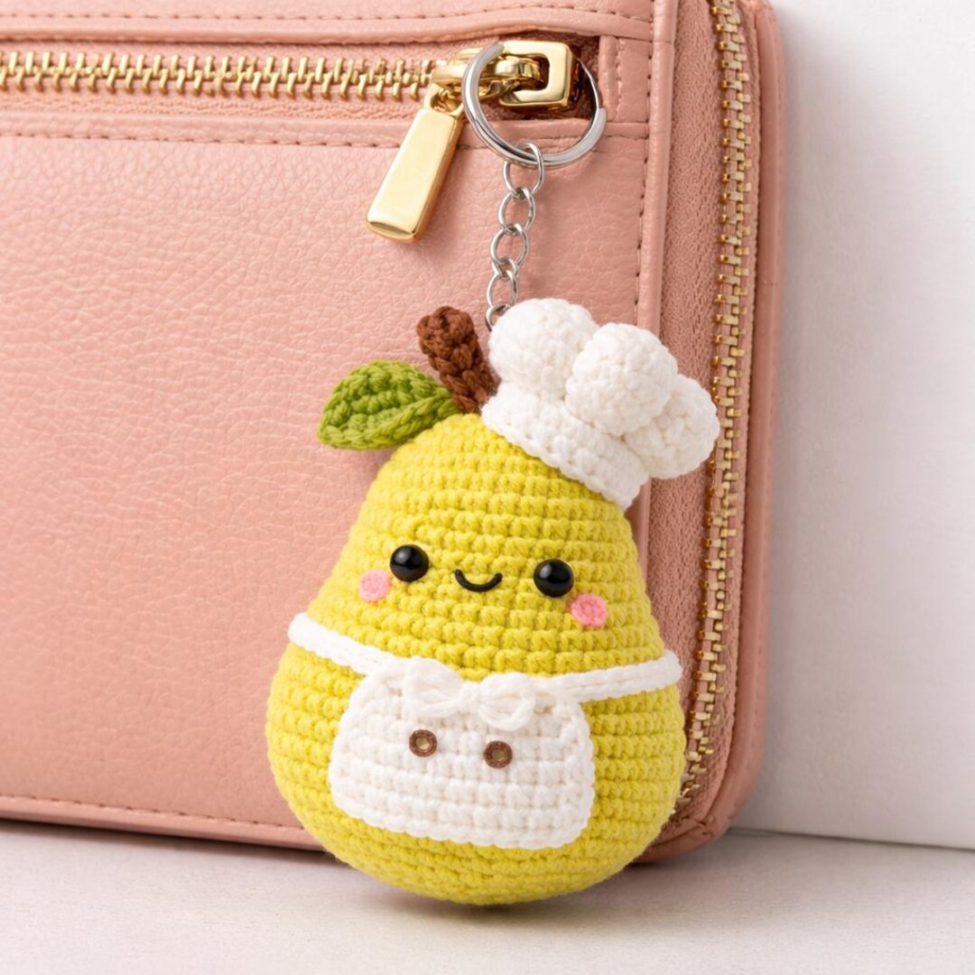 Chef Pear Amigurumi Keychain – Handmade Crochet Fruit Charm With Chef ...