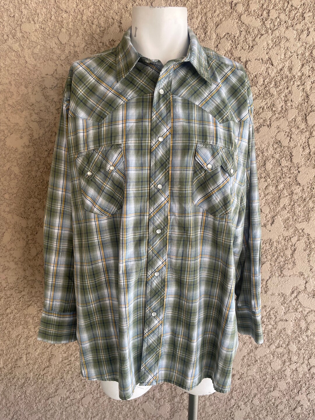 Vintage Wrangler Rustler Green Plaid Western Pearl Snap Long Sleeve ...