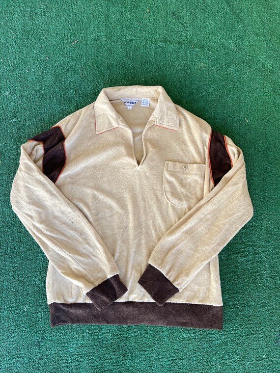 Vintage 70s Weeds Brown Terry Cloth Pullover Long-Sle… - Gem